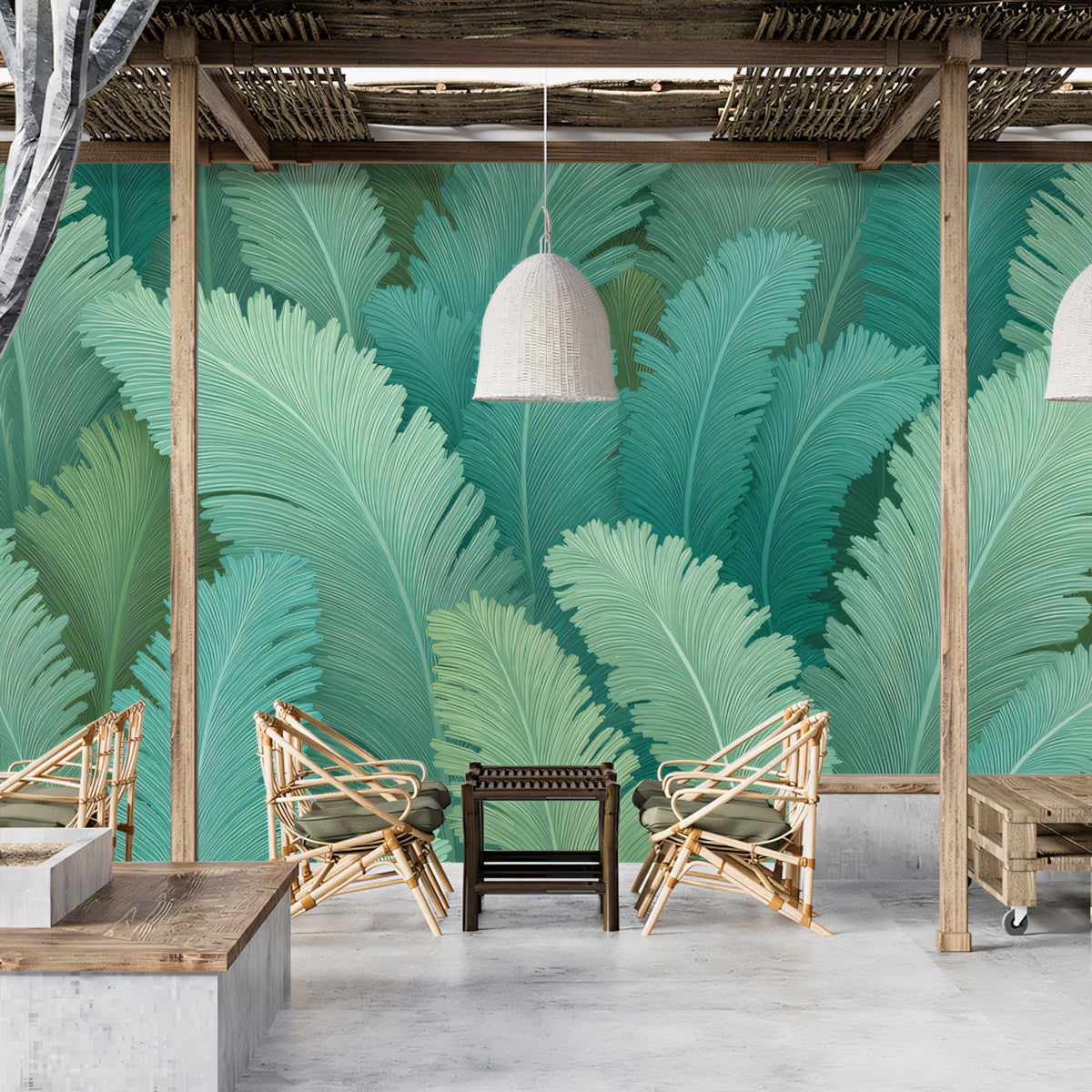 Layered Tropical Frond Mural Wallpaper | Repeating Print, Subtle Teal ...