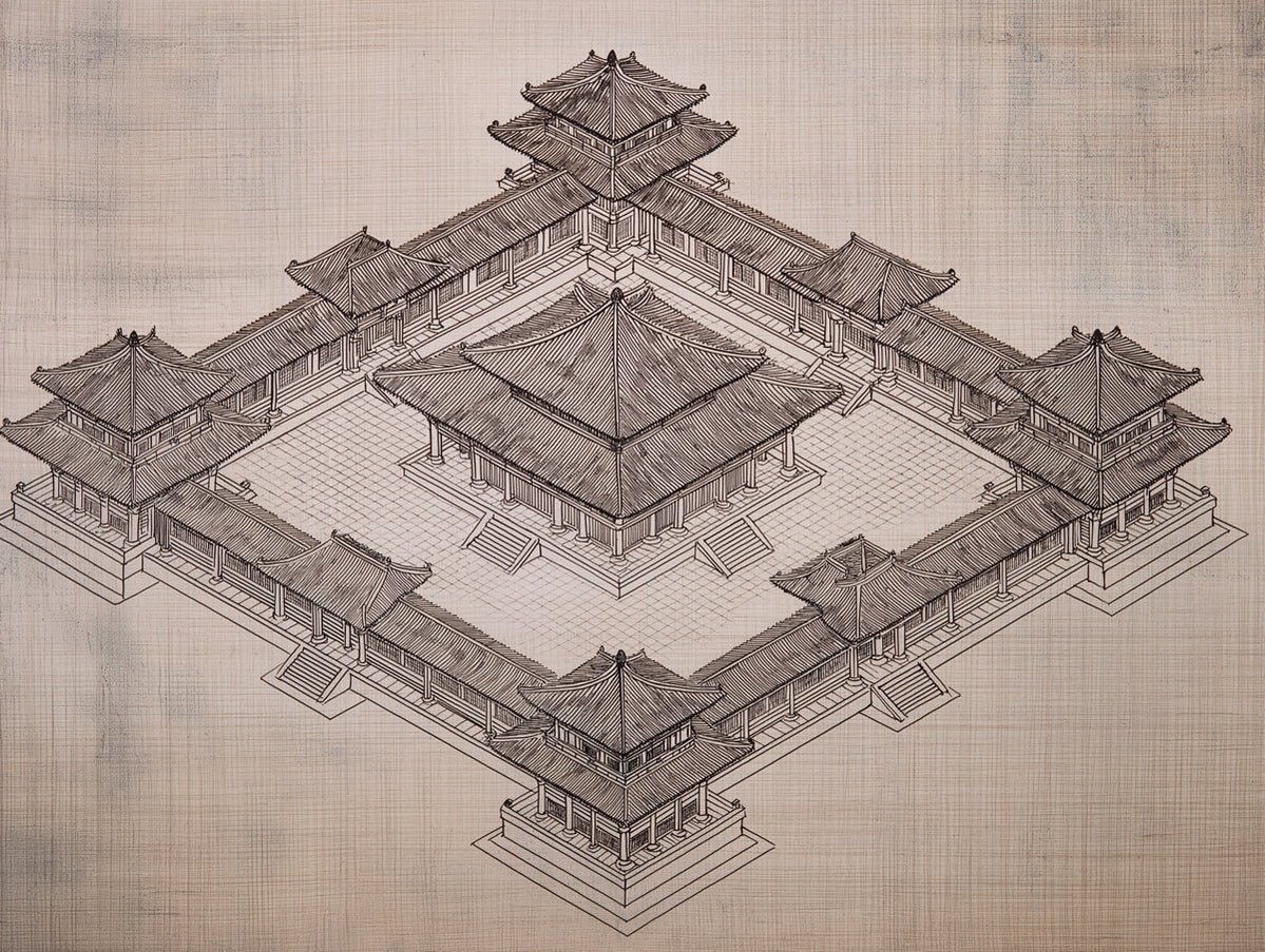 Traditional Asian Courtyard Complex Blueprint Isometric Architectural ...