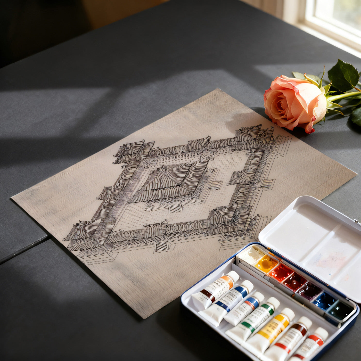 Traditional Asian Courtyard Complex Blueprint Isometric Architectural ...
