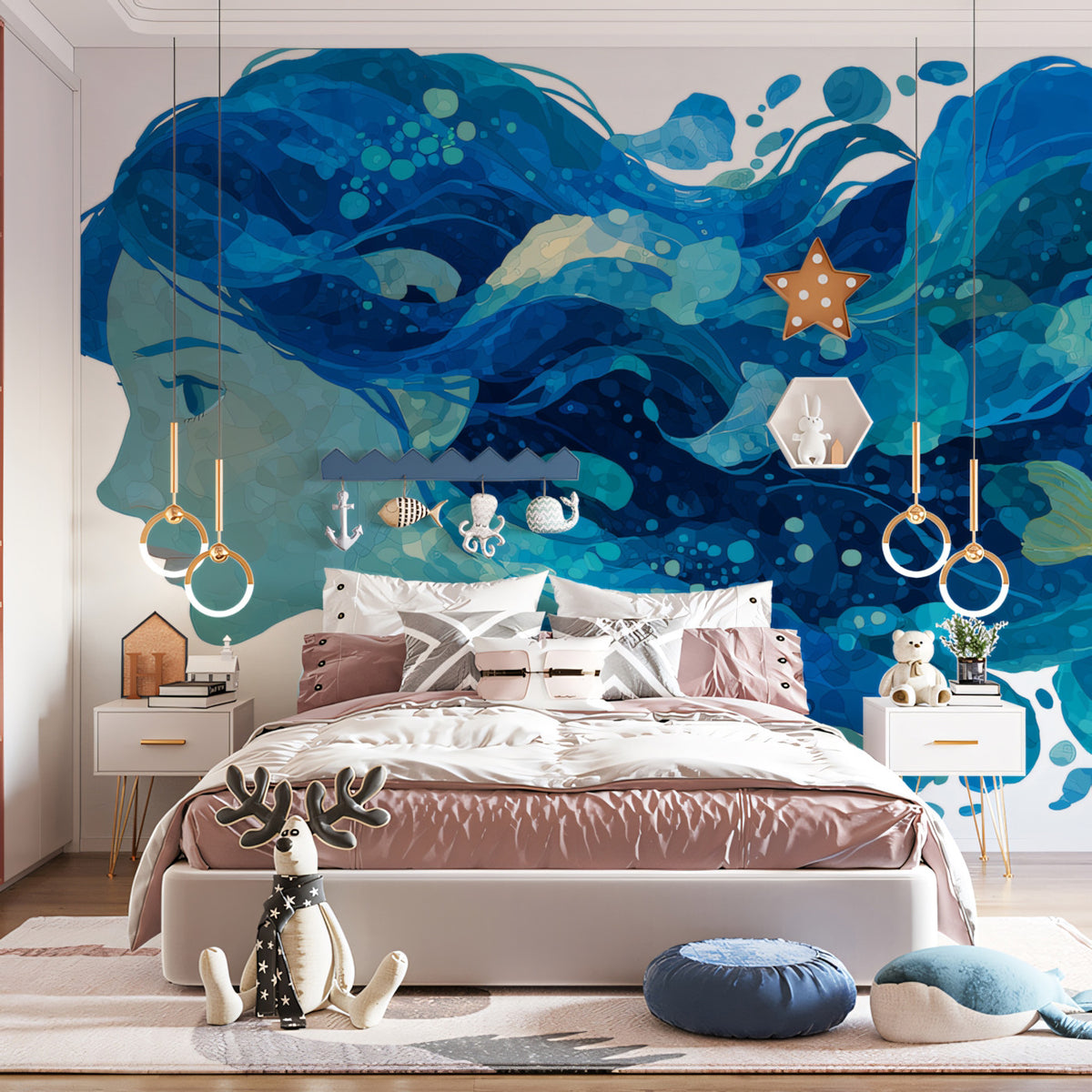 Ethereal Water Goddess with Goldfish Mural Wallpaper | Surreal Blue Wa ...