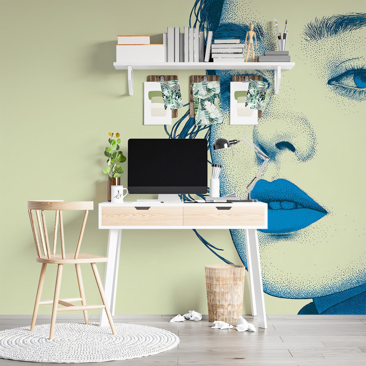 Cyanotype Stipple Woman Portrait Mural Wallpaper | Blue Pop Art Graphi ...