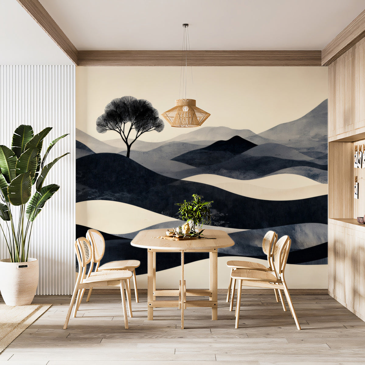 Minimalist Zen Tree & Rolling Hills Mural Wallpaper | Monochrome Wavy ...
