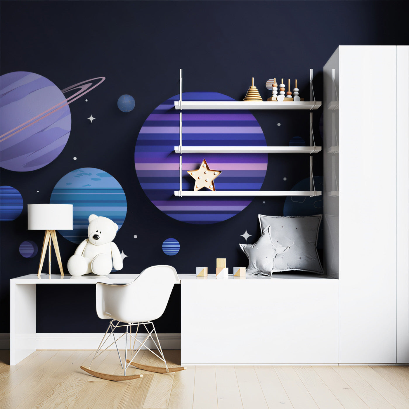 Paper Cut Style Space Planets Mural Wallpaper | Dark Purple Cartoon Ga ...