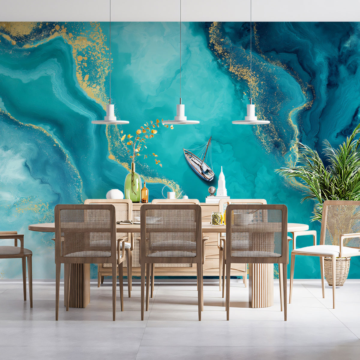 Vibrant Teal Gold Ocean Fluid Art Mural Wallpaper | Aerial Boat Scene ...