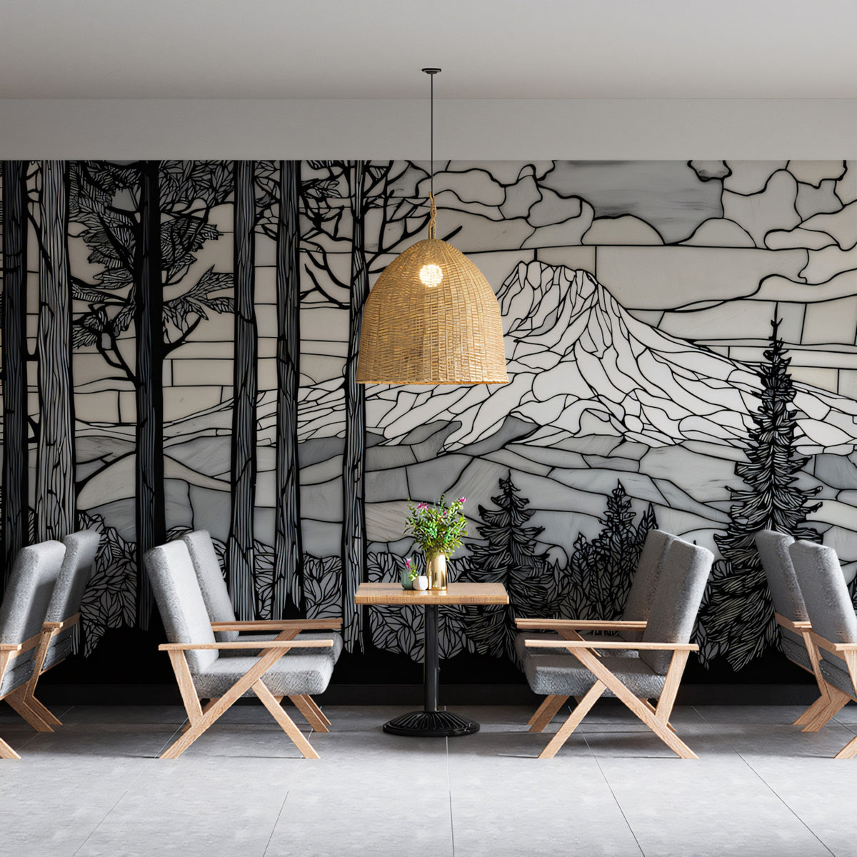 Stained Glass Mountain Forest Mural Wallpaper | Black and White Art De ...