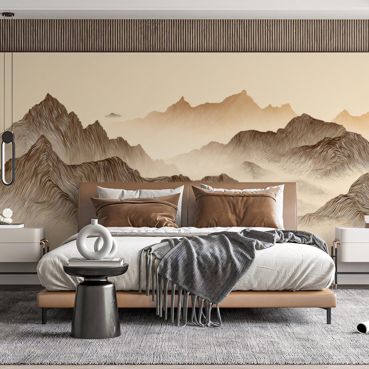 Sepia Engraving Style Mountain Landscape Mural Wallpaper | Vintage Top ...