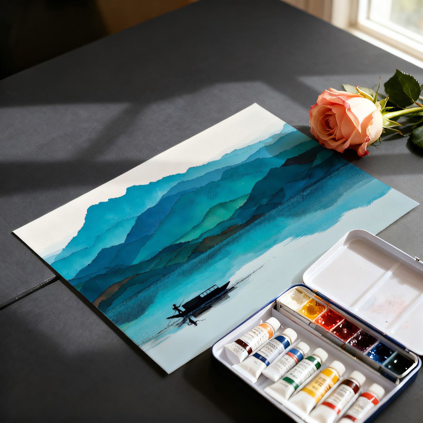 Blue Gradient Watercolor Mountains Mural Wallpaper | Serene Lake Lands ...