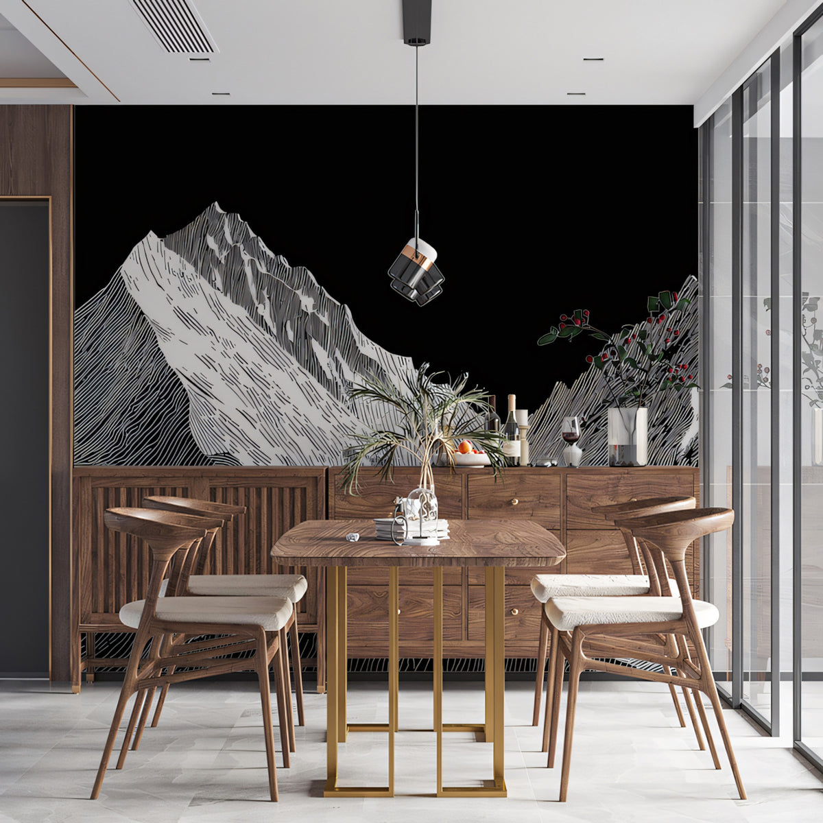 Black and White Line Art Mountain Peaks Mural Wallpaper | Dramatic Lan ...