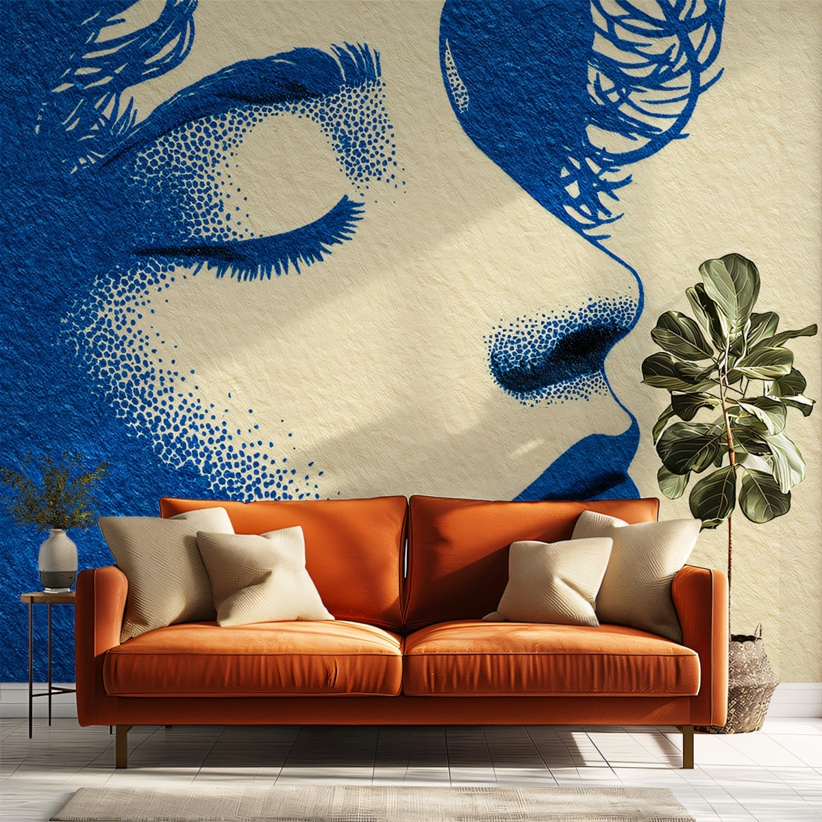Pop Art Woman Portrait Profile Mural Wallpaper | Blue and Cream Stippl ...