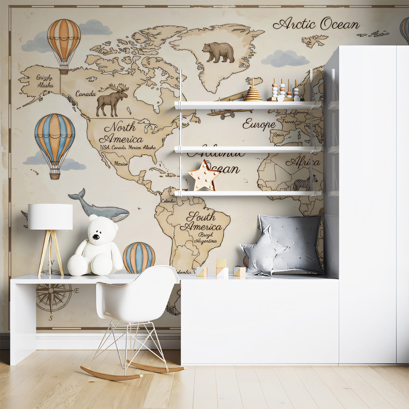 Vintage Style World Map with Animals Mural Wallpaper | Beige Nursery D ...