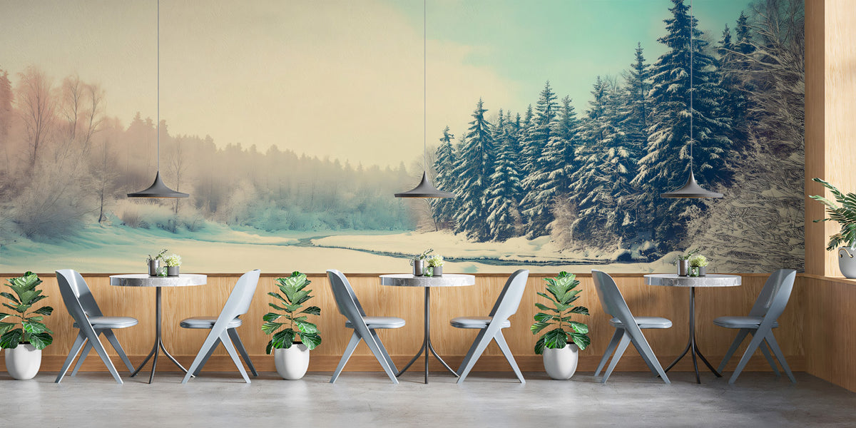Sunny Winter Forest Panorama and Snowy Stream Wall Mural Wallpaper ...