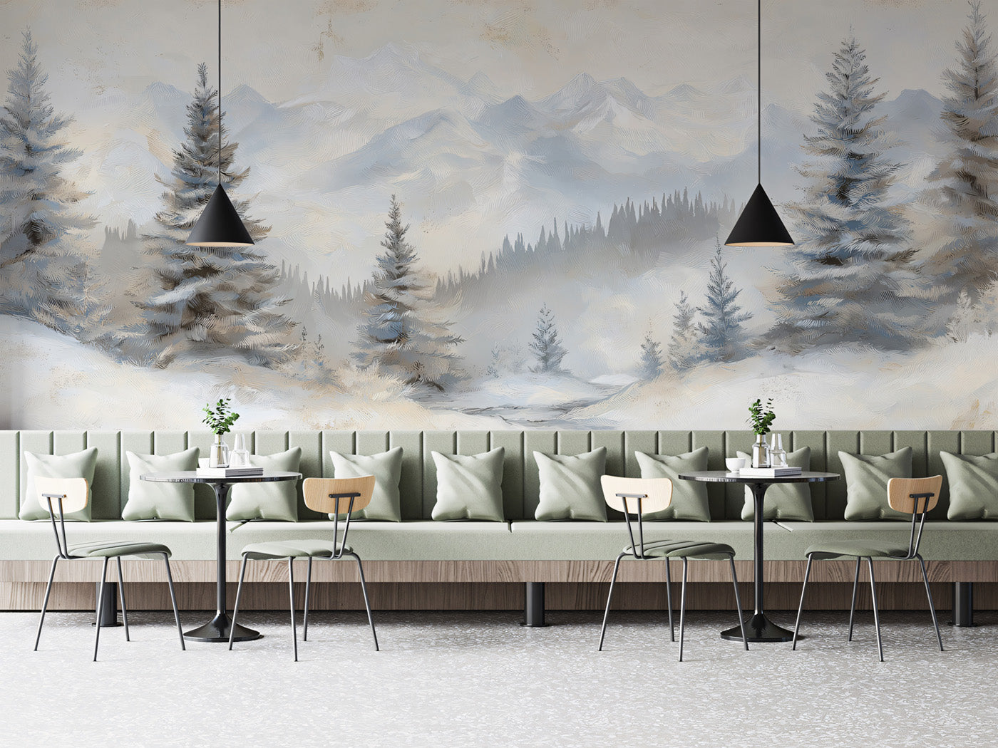 Soft White Alpine Mountains and Pine Forest Oil Painting Wall Mural ...