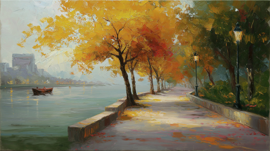 Autumn Promenade by the Lake Mural - Romantic Park Scene Wall Art ...