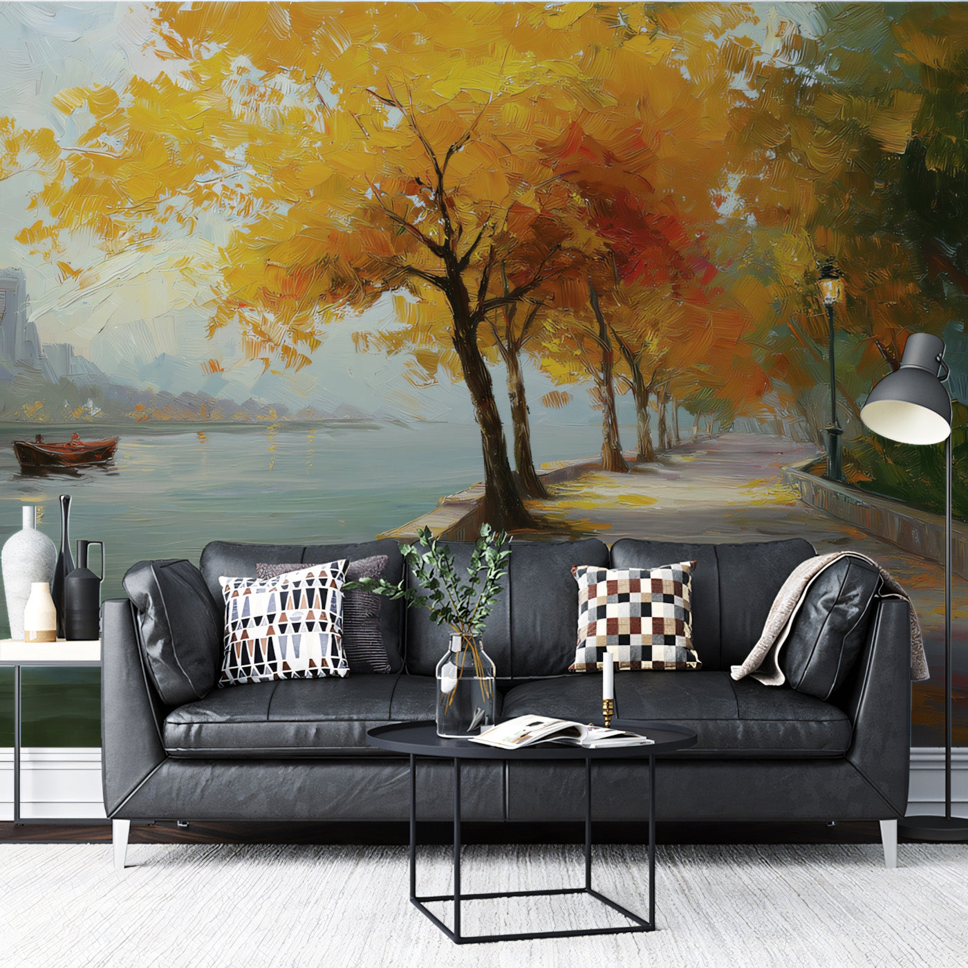Autumn Promenade by the Lake Mural - Romantic Park Scene Wall Art ...