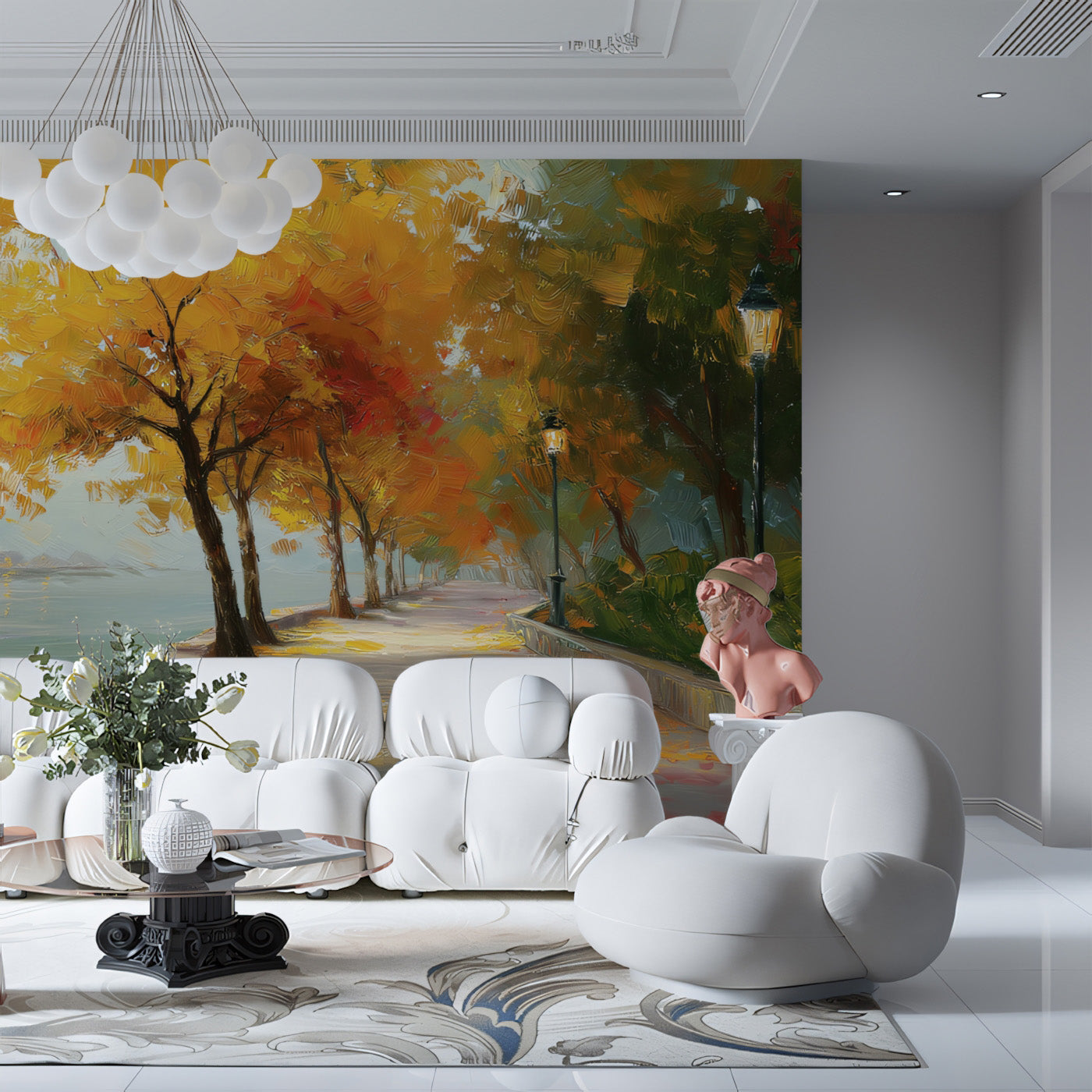 Autumn Promenade by the Lake Mural - Romantic Park Scene Wall Art ...