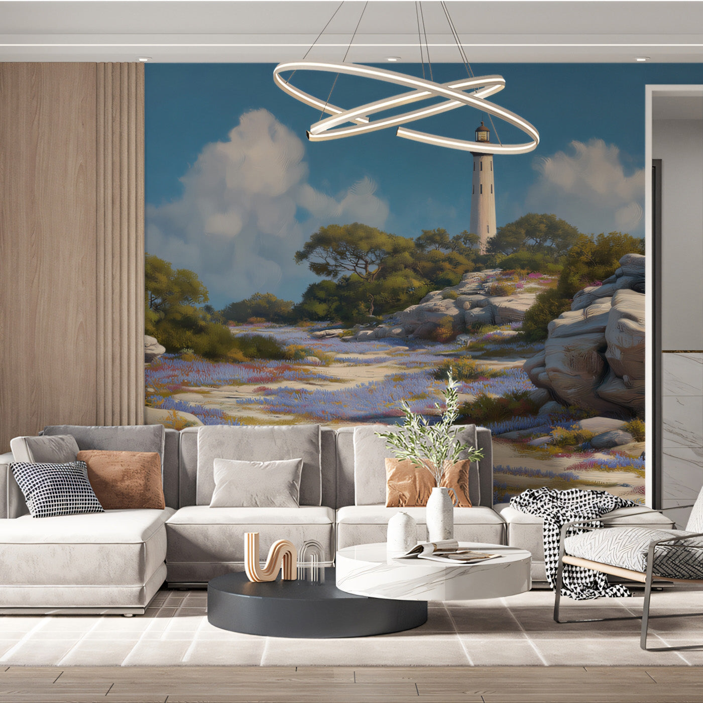 Coastal Lighthouse Path - Sunny Day Landscape Mural — Vivawalls Store