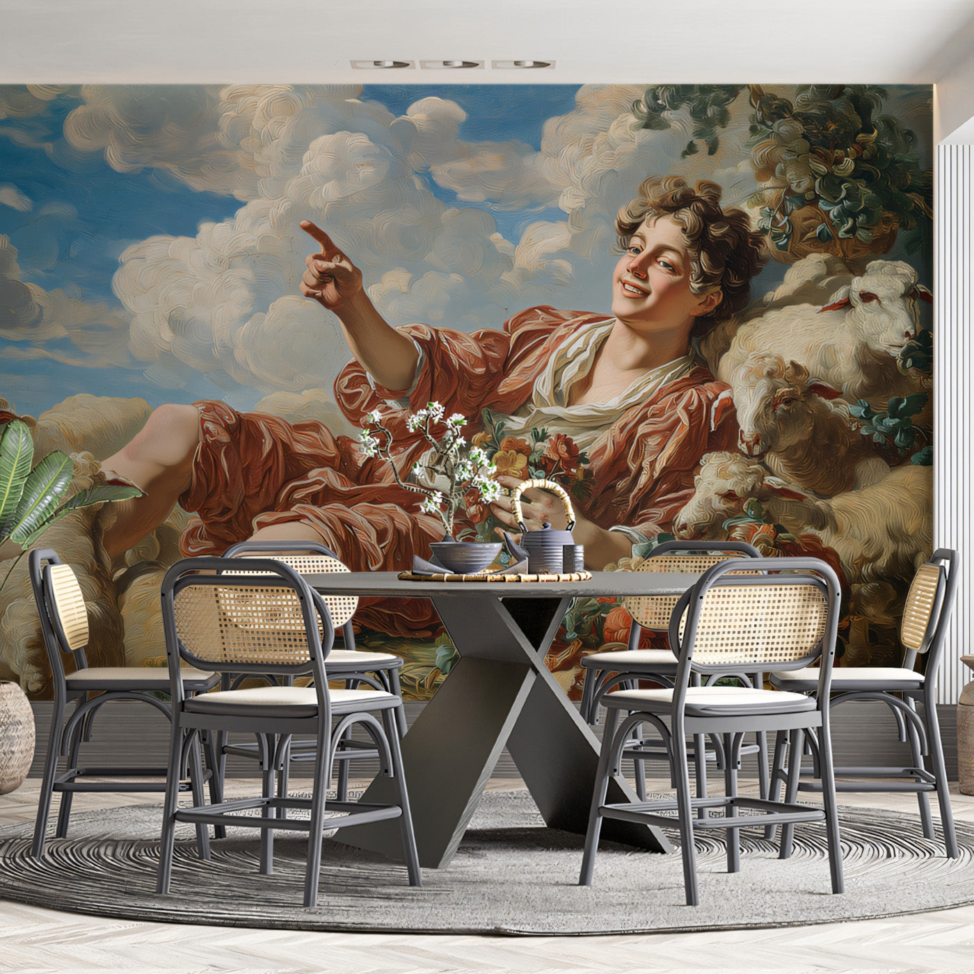 Joyful Shepherd Boy & Sheep - Rococo Cloud Fantasy Mural — Vivawalls Store