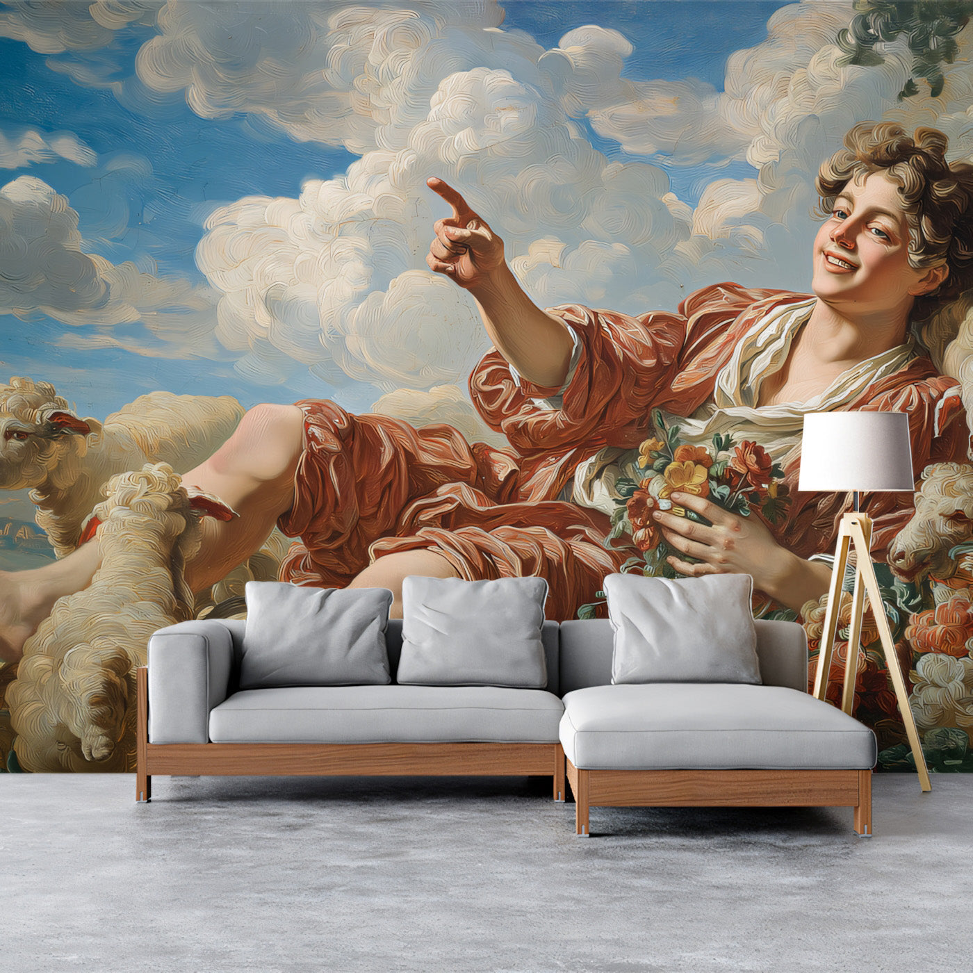 Joyful Shepherd Boy & Sheep - Rococo Cloud Fantasy Mural — Vivawalls Store