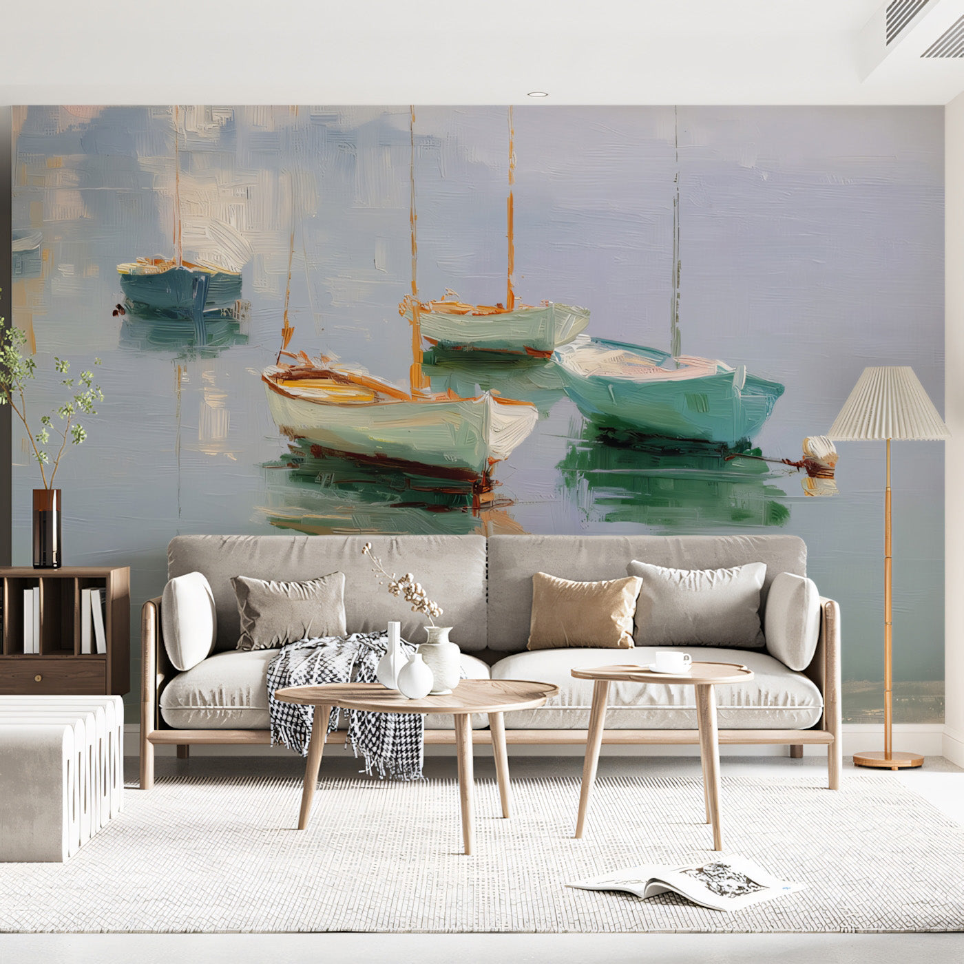 Serene Impressionist Boats on Water Oil Painting Mural — Vivawalls Store