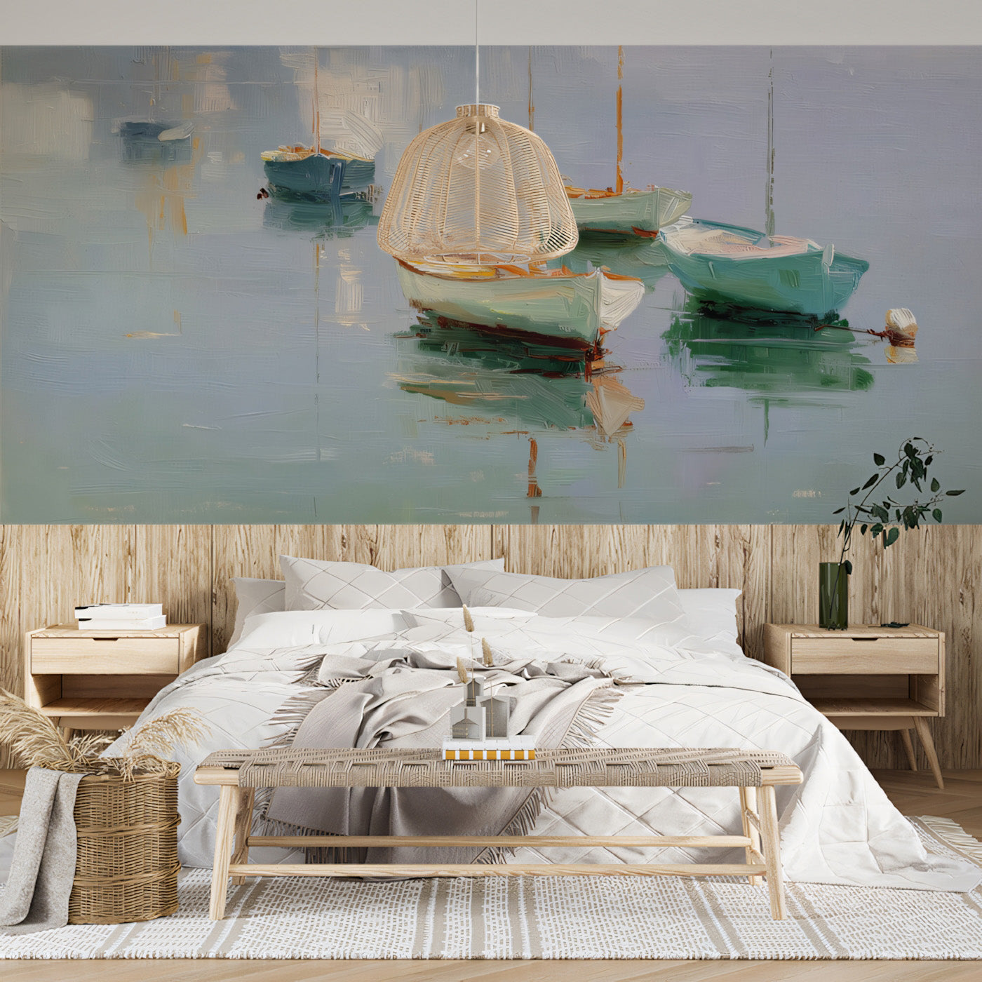Serene Impressionist Boats on Water Oil Painting Mural — Vivawalls Store