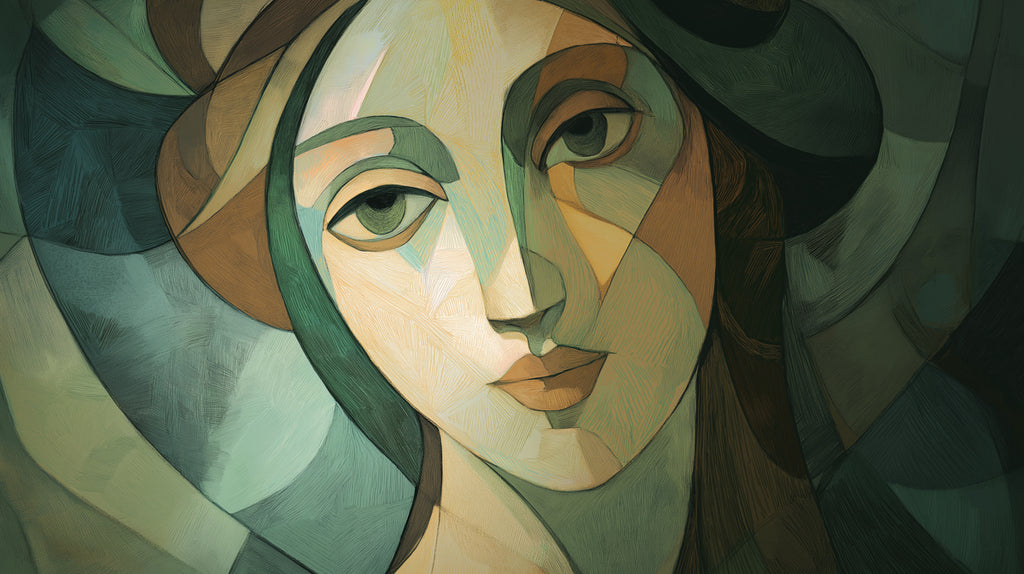 Cubist Woman Portrait in Green & Earth Tones Mural — Vivawalls Store