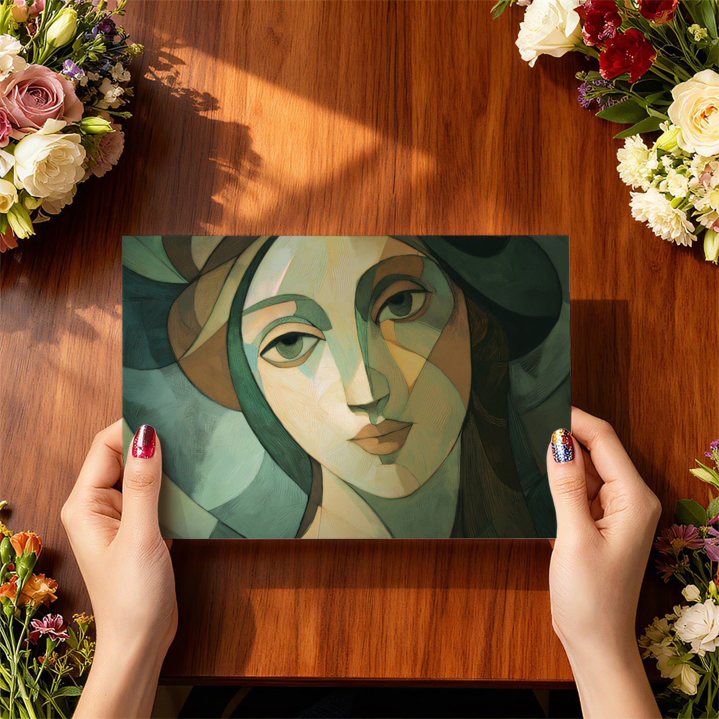 Cubist Woman Portrait in Green & Earth Tones Mural — Vivawalls Store