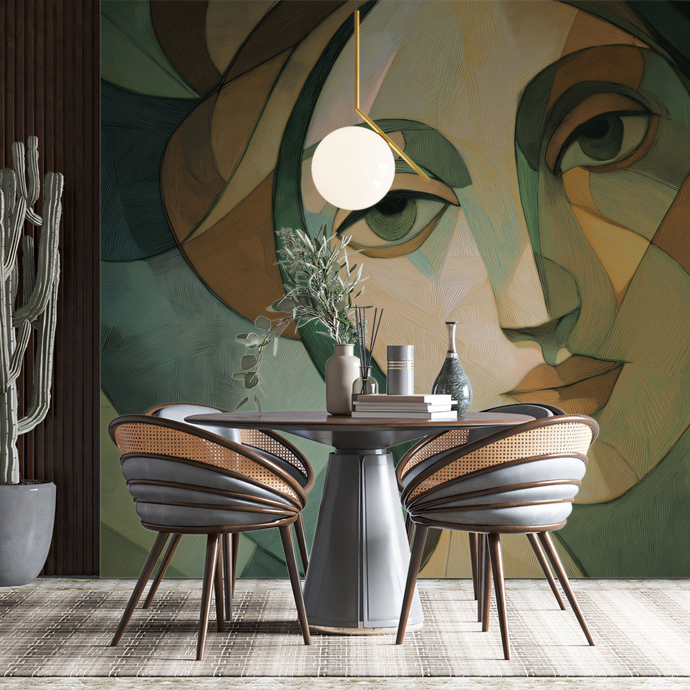 Cubist Woman Portrait in Green & Earth Tones Mural — Vivawalls Store
