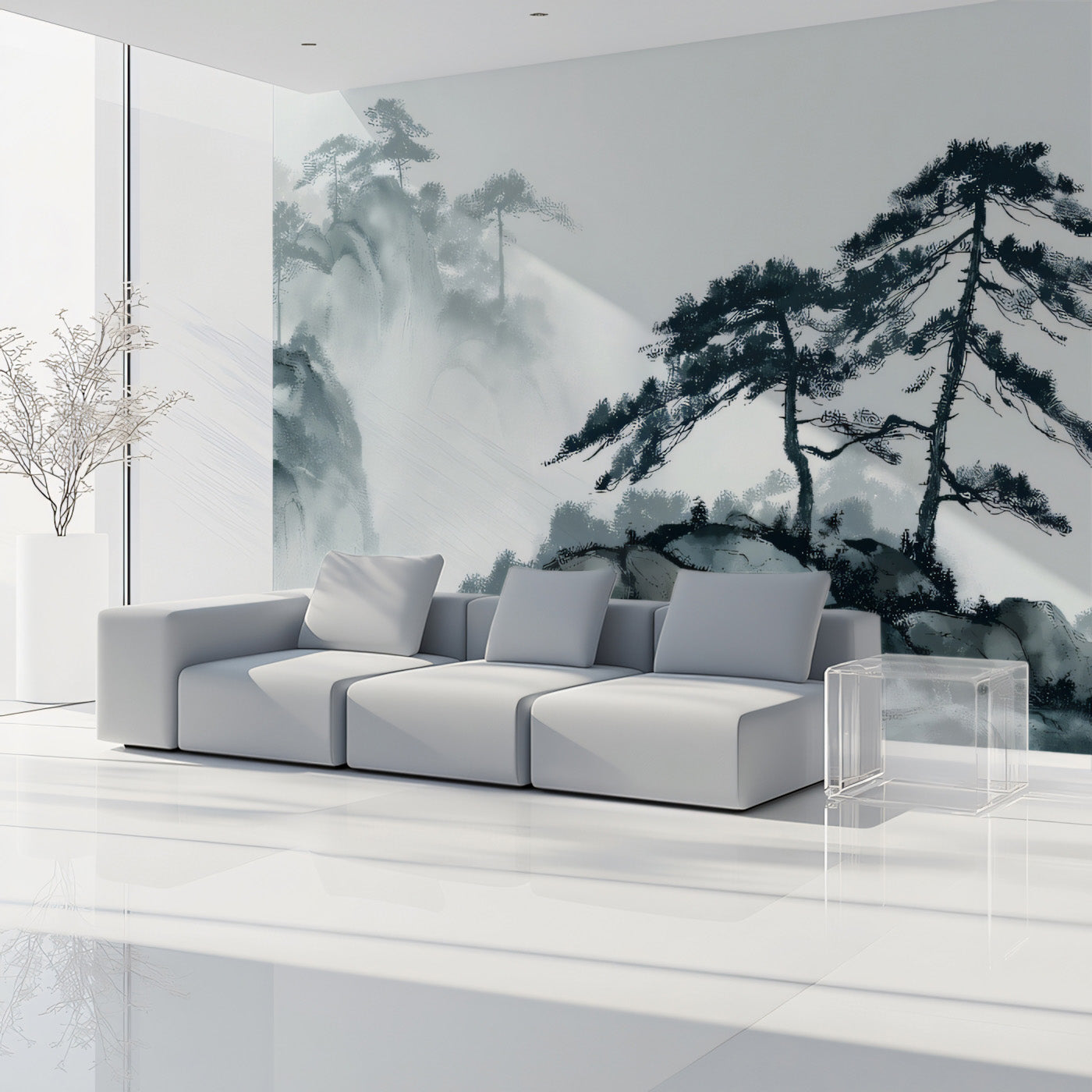 Traditional Chinese Ink Wash Pine & Mountain Mural — Vivawalls Store