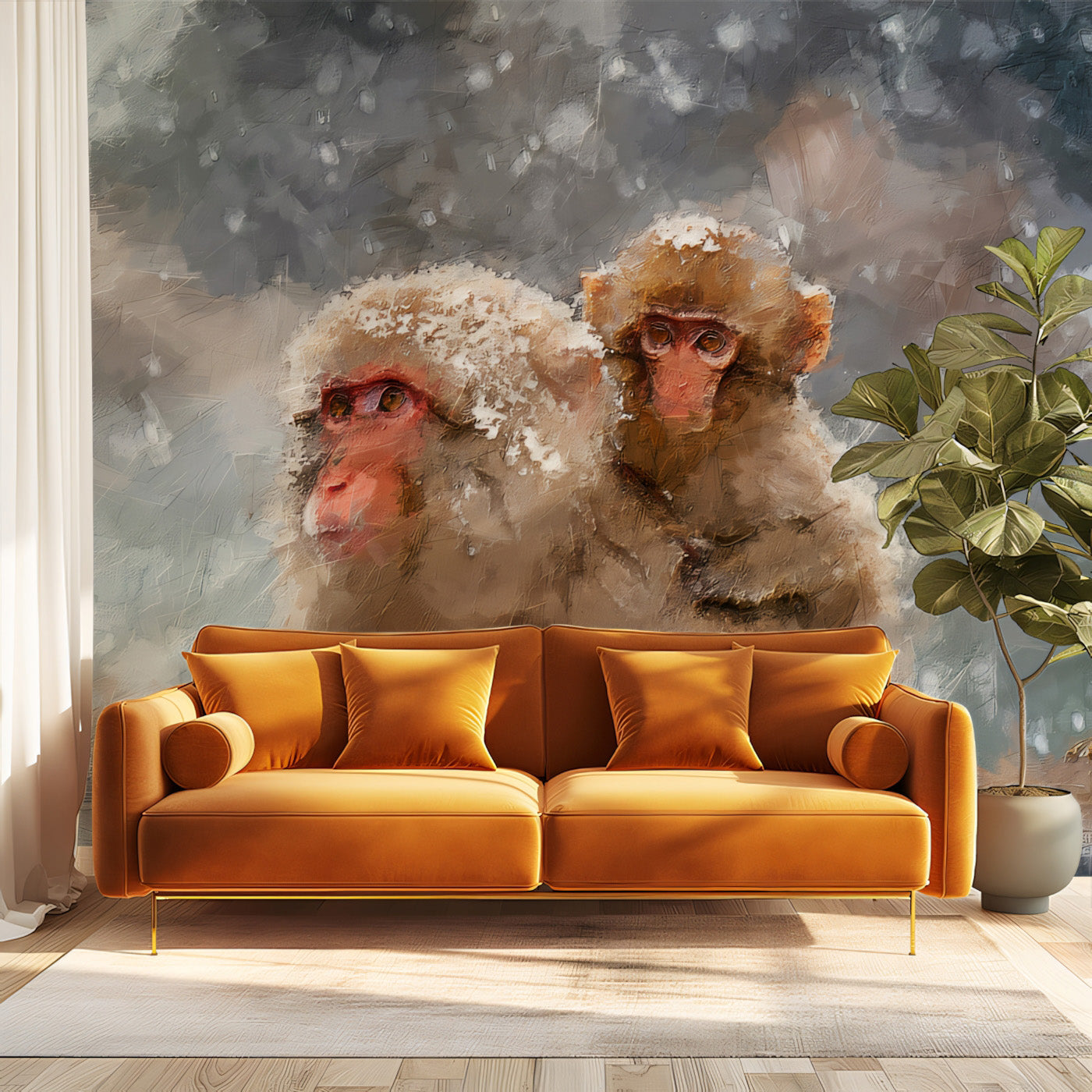 Impressionist Snow Monkeys in Winter Oil Painting — Vivawalls Store