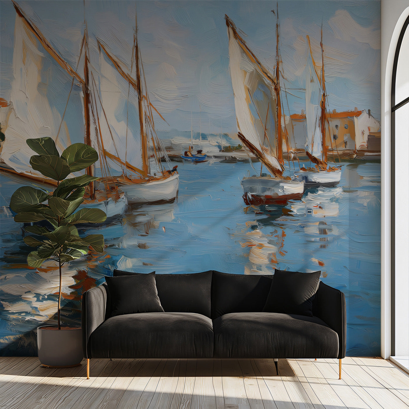 Sunny Mediterranean Harbor & Sailboats Oil Painting — Vivawalls Store