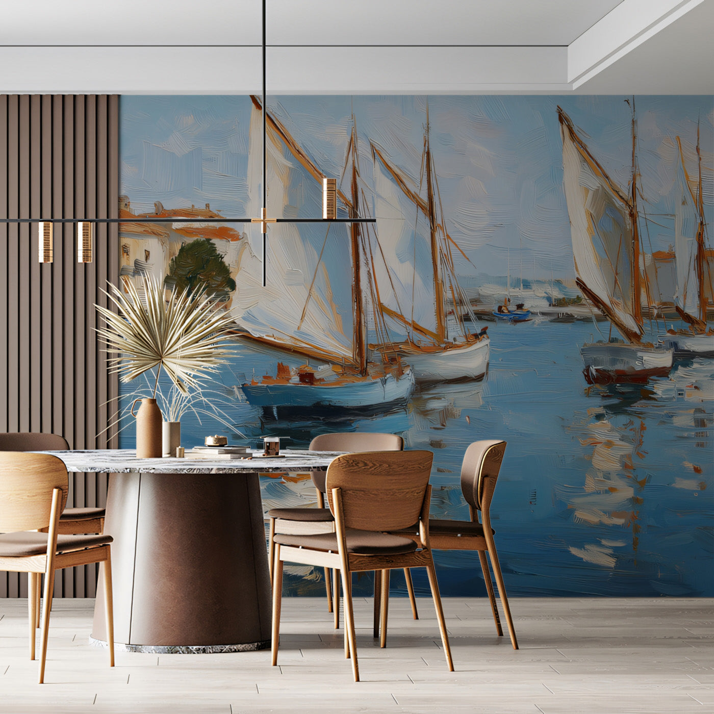 Sunny Mediterranean Harbor & Sailboats Oil Painting — Vivawalls Store