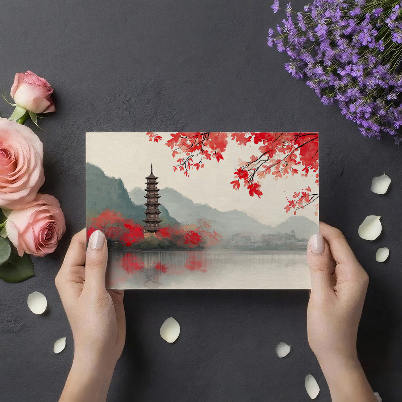 Traditional Chinese Pagoda & Red Maple Lake Mural — Vivawalls Store