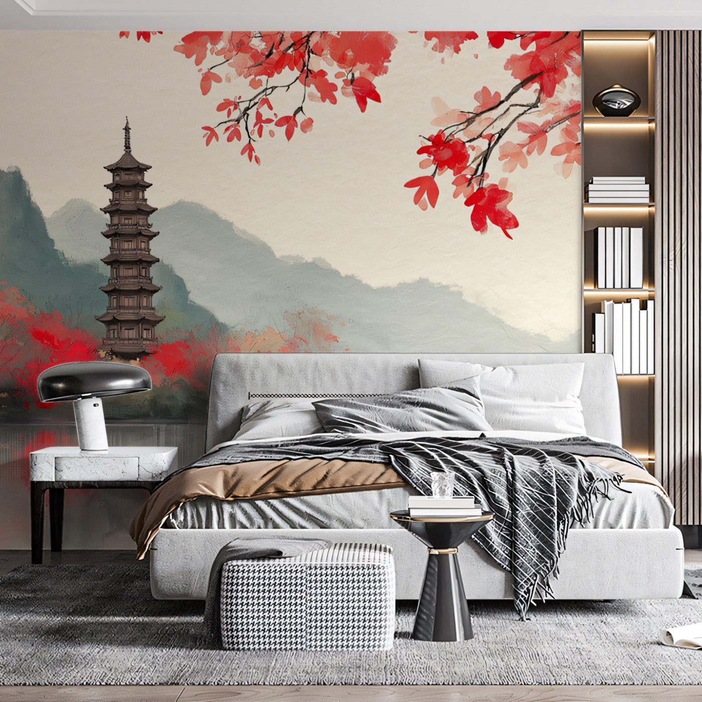 Traditional Chinese Pagoda & Red Maple Lake Mural — Vivawalls Store