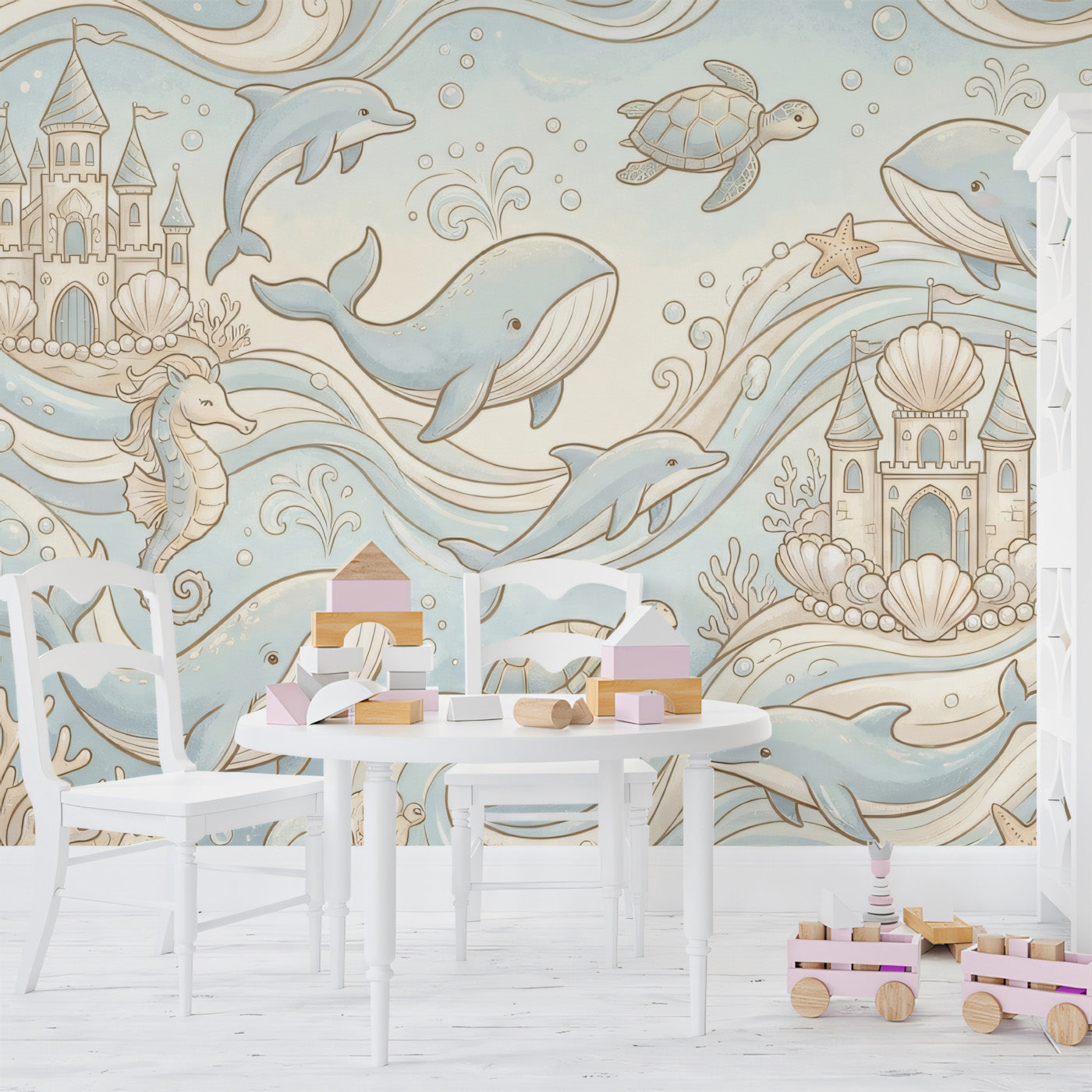 Whimsical Pastel Ocean Friends & Castle Mural — Vivawalls Store