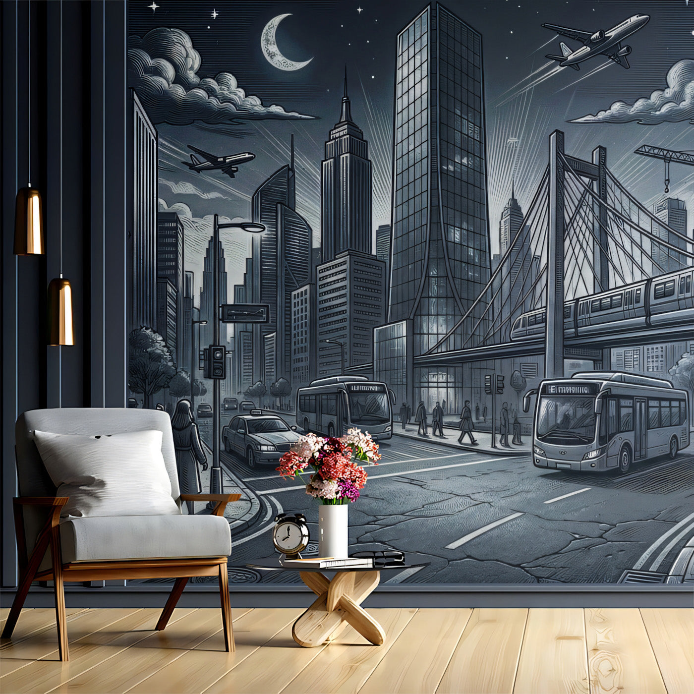 Modern Metropolis City Life Greyscale Illustration Mural — Vivawalls Store