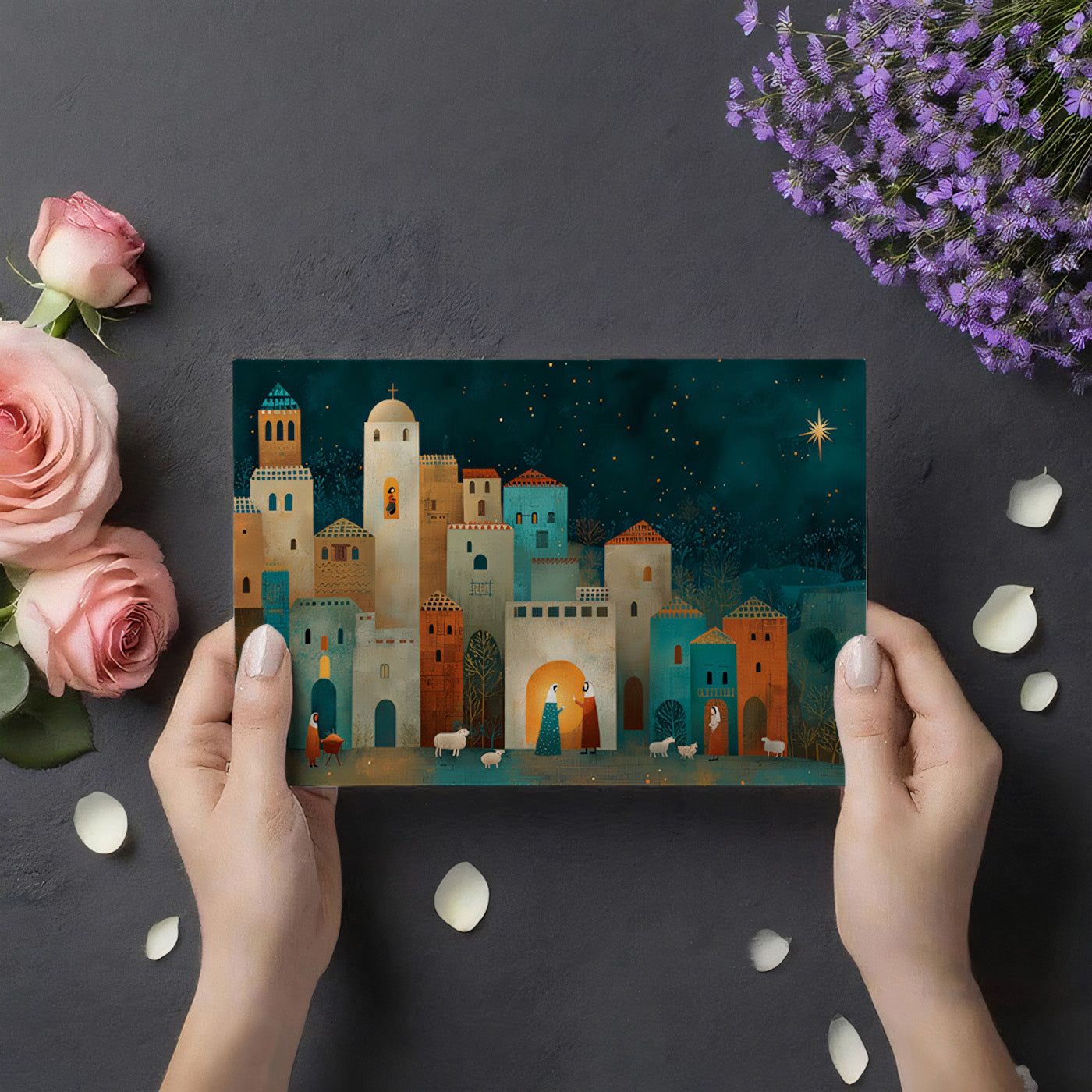 Stylized Bethlehem Night Mural Wallpaper | Medieval Townscape, Starry ...