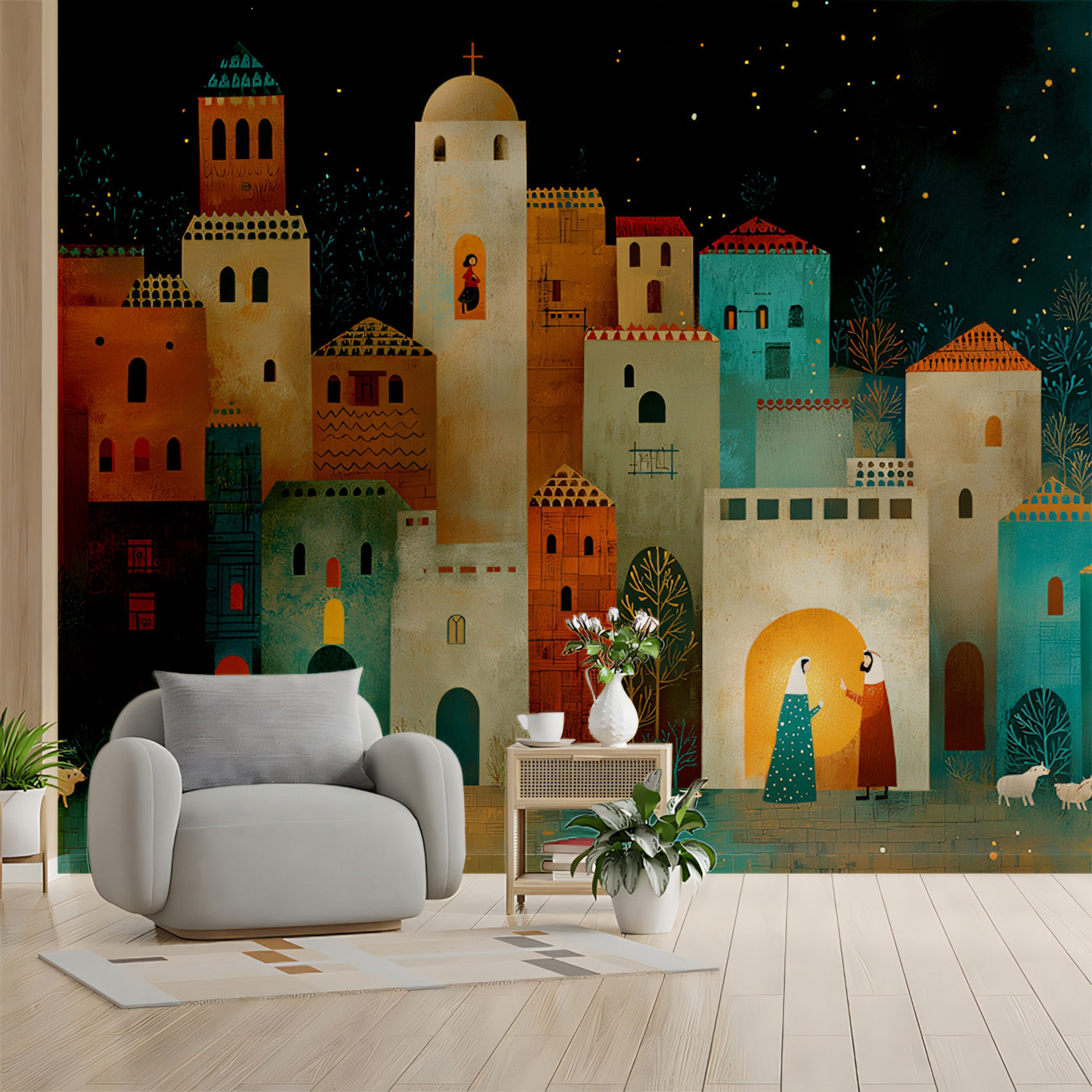 Stylized Bethlehem Night Mural Wallpaper | Medieval Townscape, Starry ...