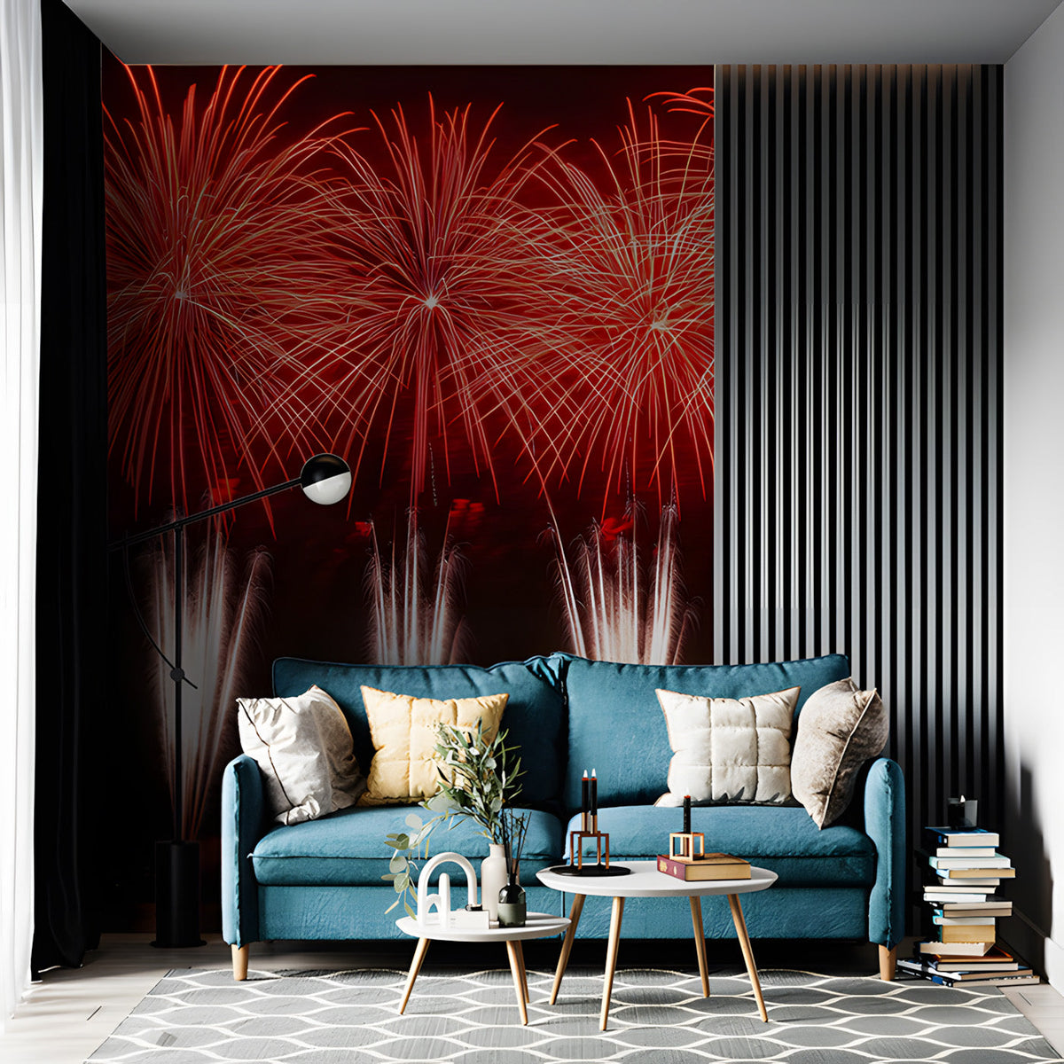Mural de pared para sala de estar con sofá azul y fuegos artificiales ...