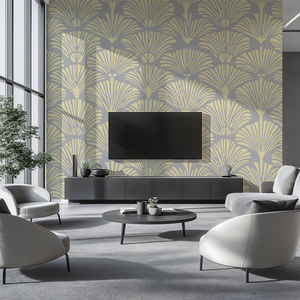 Papier peint à motif de ginkgo et de verger d'oliviers | Elegance jaun ...