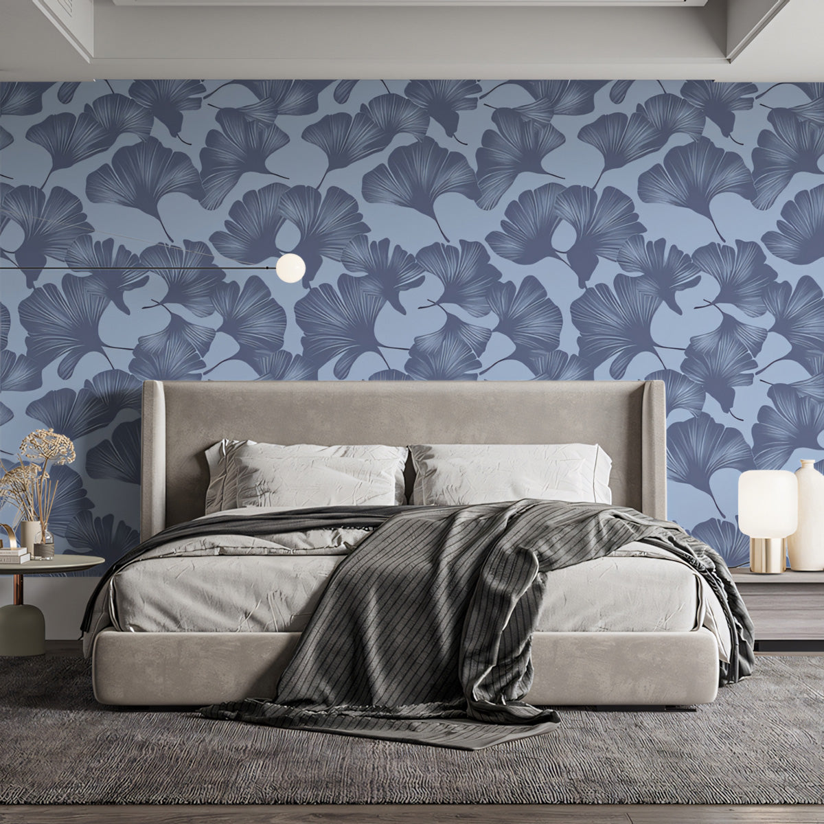 Papier peint feuille de ginkgo bleu, mur végétal élégant pour la chamb ...