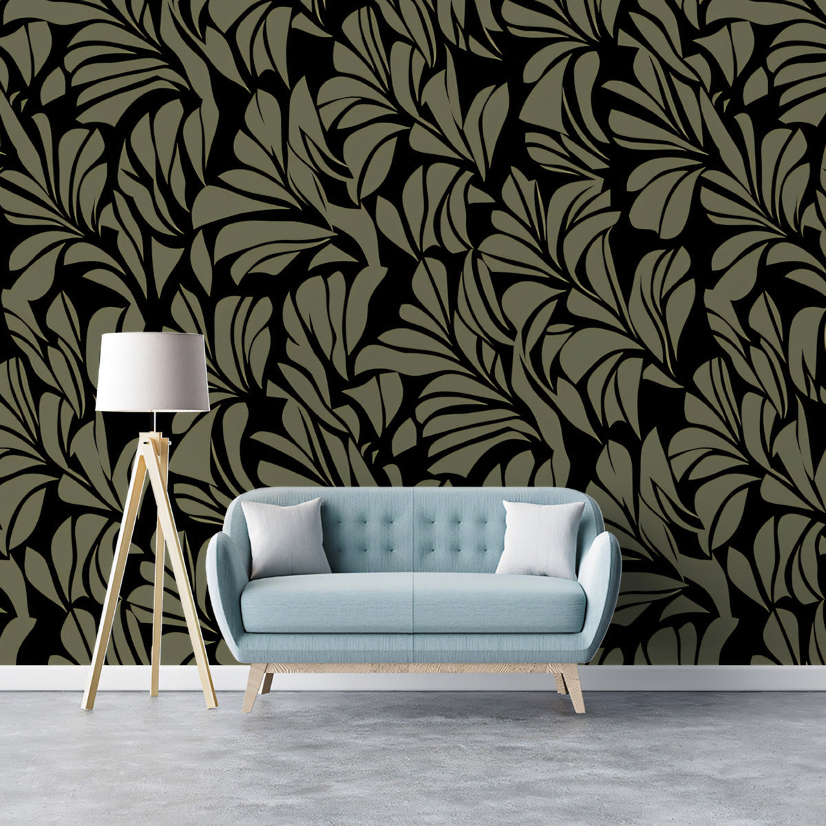 Papier peint botanique Olive Shadow | Conception de feuille noir et ve ...