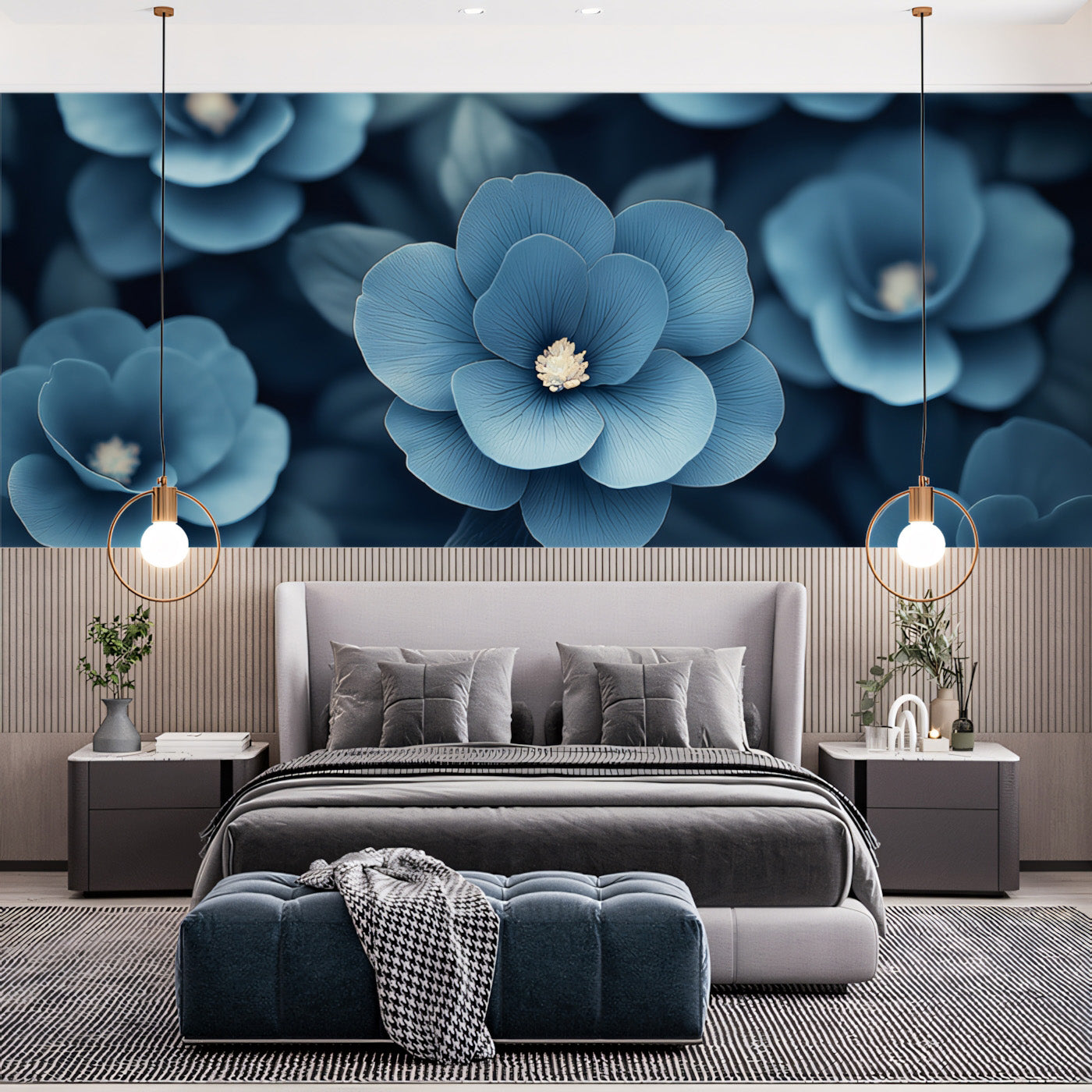 Deep Blue Floral Mural Wallpaper, Elegant Blue Botanical Wall Art, Lar ...