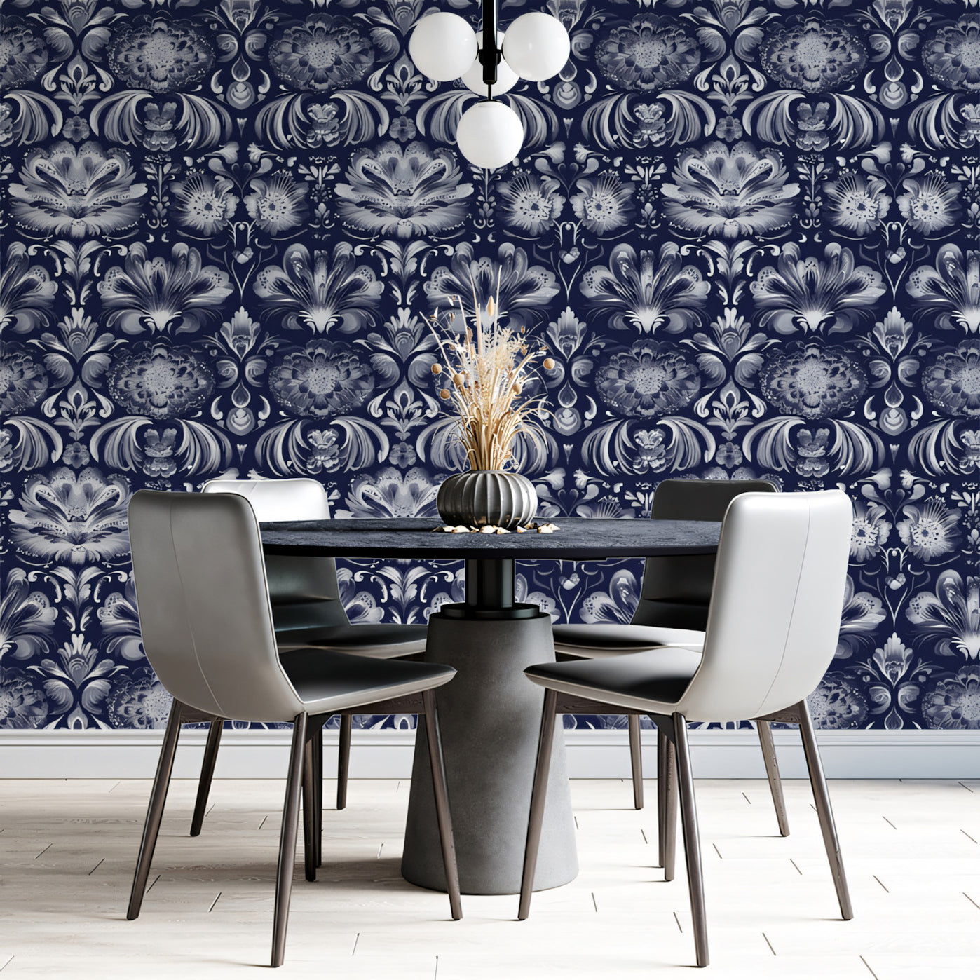 Deep Blue Floral Mural Wallpaper, Elegant Blue Botanical Wall Art, Lar ...