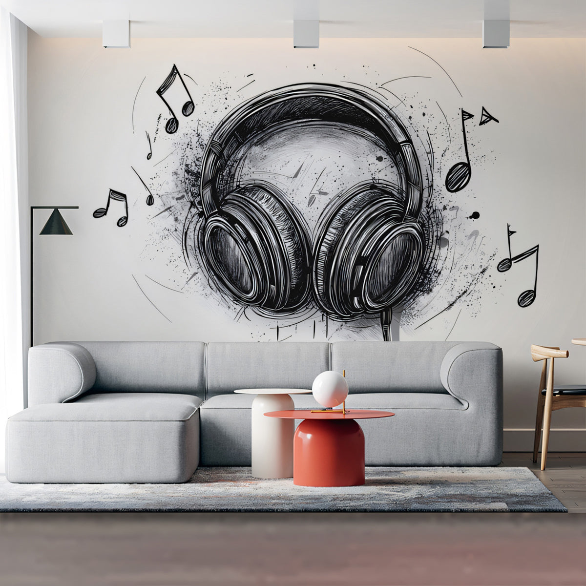 Music Mural Wallpaper | Headphones and Floating Musical Notes Sketch ...