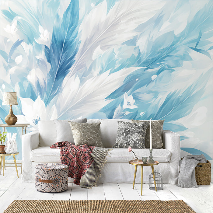 Blue Feather Mural Wallpaper in Living Room | Blue and White Feathers ...