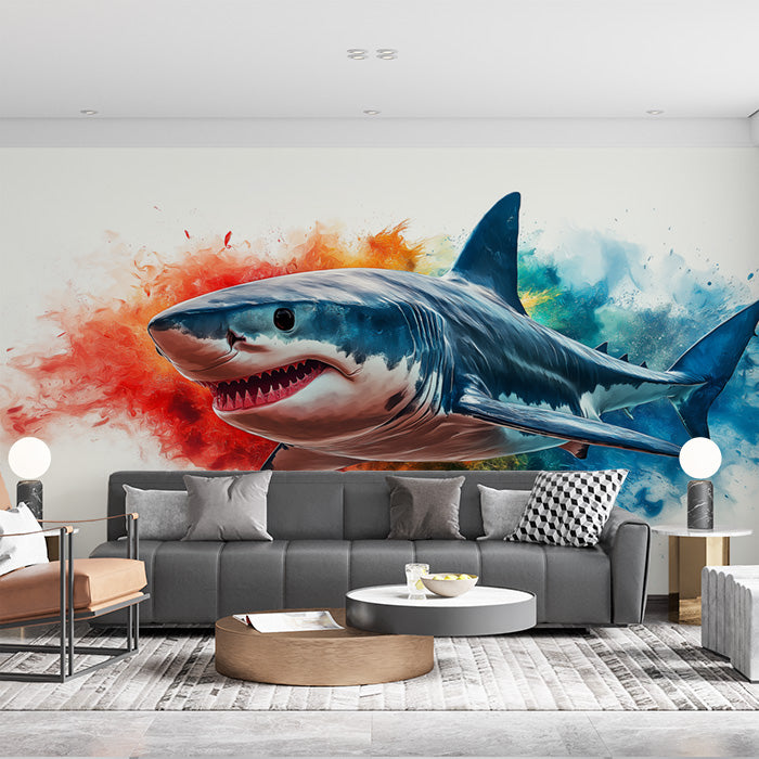 Papel tapiz mural de tiburón en la sala de estar | Azul, Rojo, Naranja ...