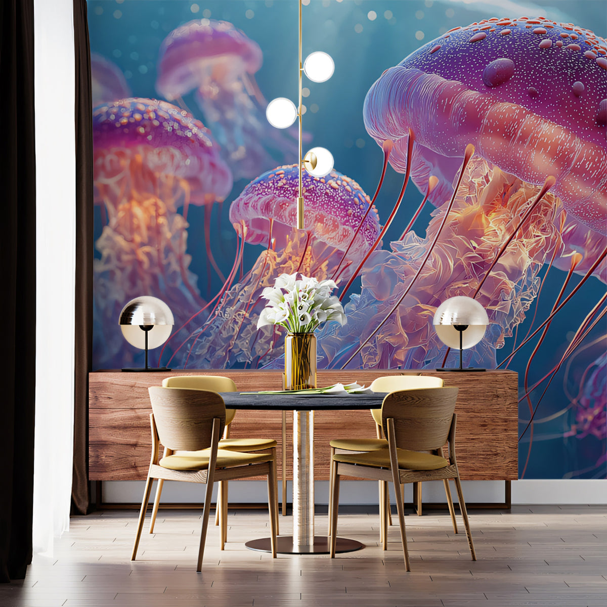 Sunlit Pink Jellyfish Swarm Mural Wallpaper | Bioluminescent Glow, Und ...