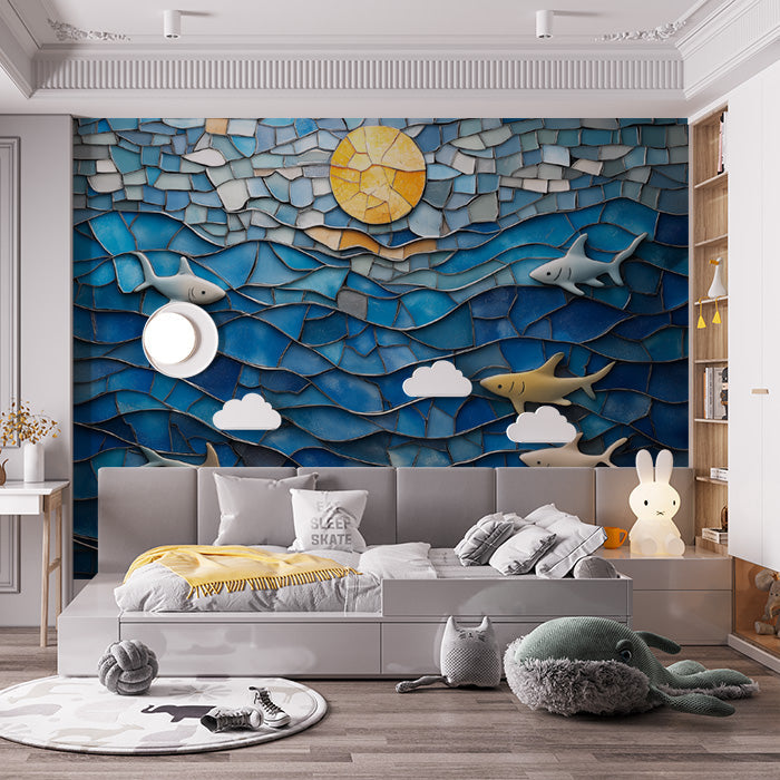 Mosaic Ocean and Sharks Mural Wallpaper in Bedroom | Various Colors (B ...