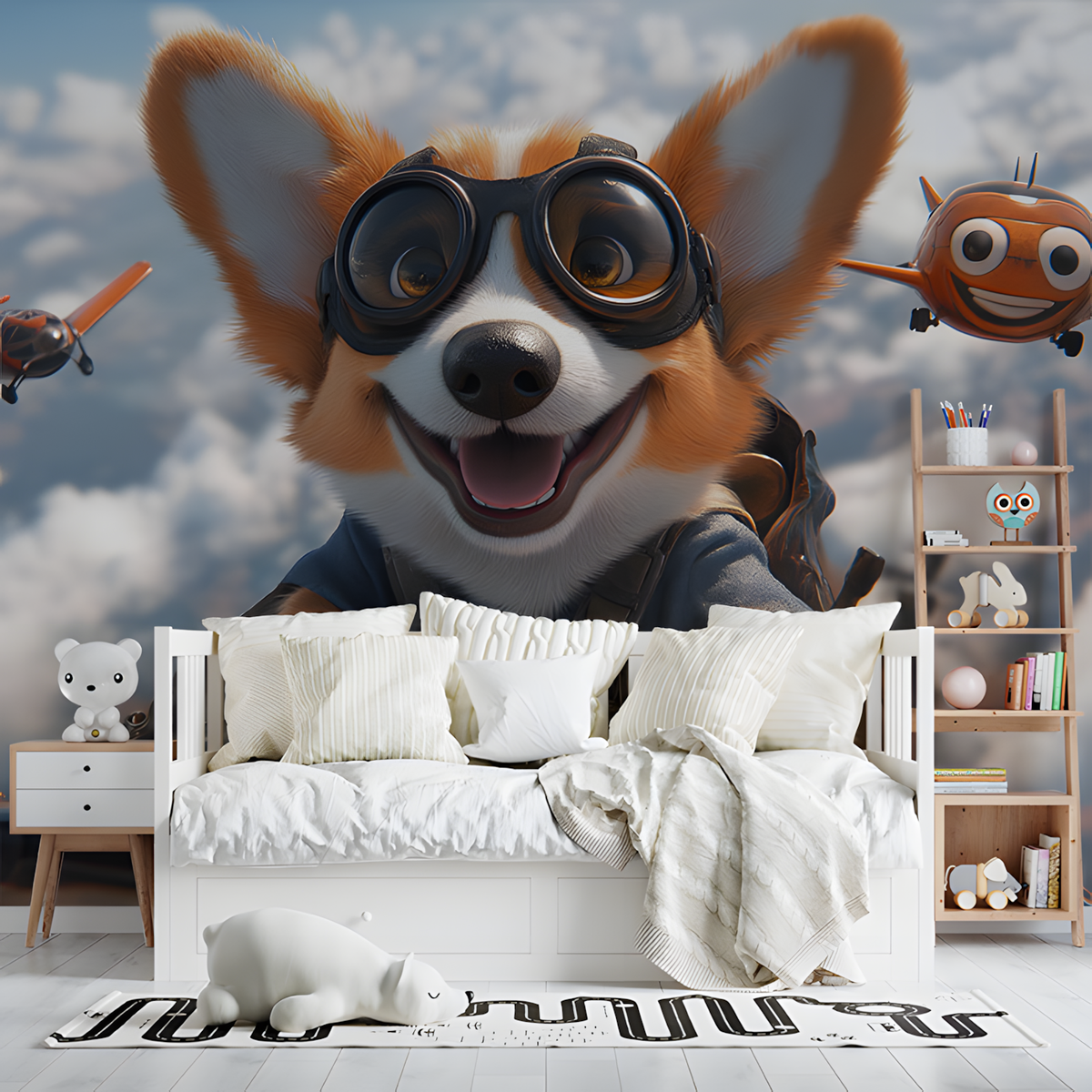 Corgi Pilot Mural Wallpaper in Bedroom | Various Colors (Brown, Blue ...