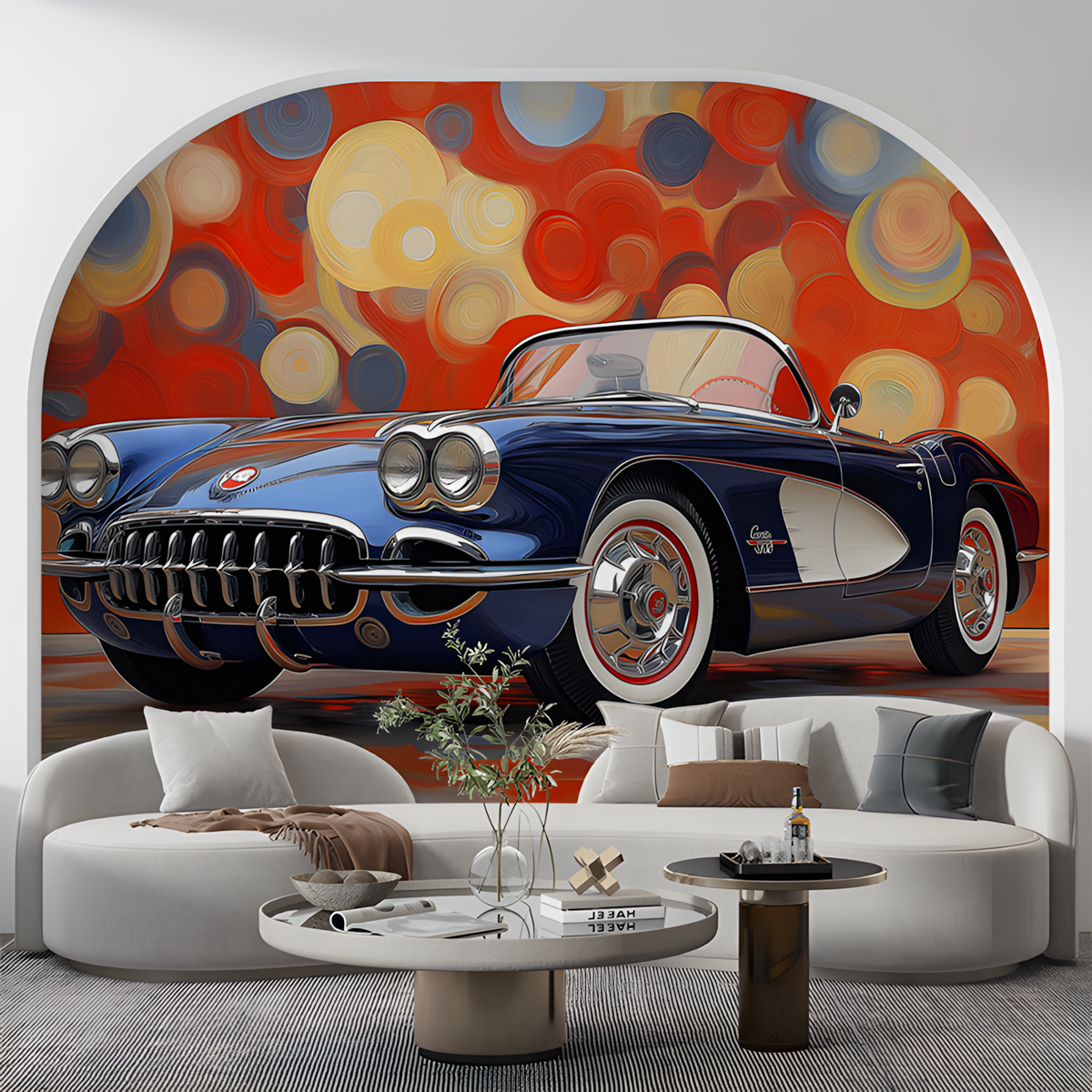 Blue Classic Car Mural Wallpaper in Living Room | Various Colors (Blue ...